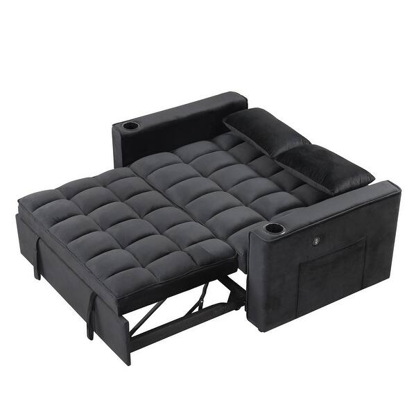 58" Velvet Multi-functional Sofa Bed with Cup Holder and USB Port for Living Room or Apartments ...